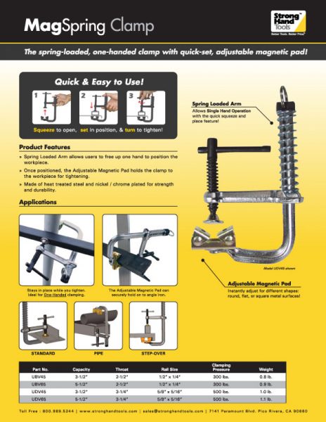 Stronghand UDV65 5-1/2" MagSpring Sliding Arm Clamp 500lbs -eTool, Inc.